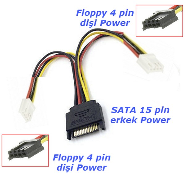 SATA to Floppy Power Dönüştürücü Kablo (SATA erkek-2 adet Floppy 4 pin ...